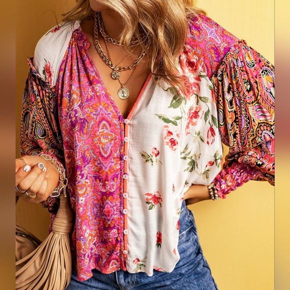 six eight ten | Tops | Fun Floral Colorblock Loose Button Down Blouse ...